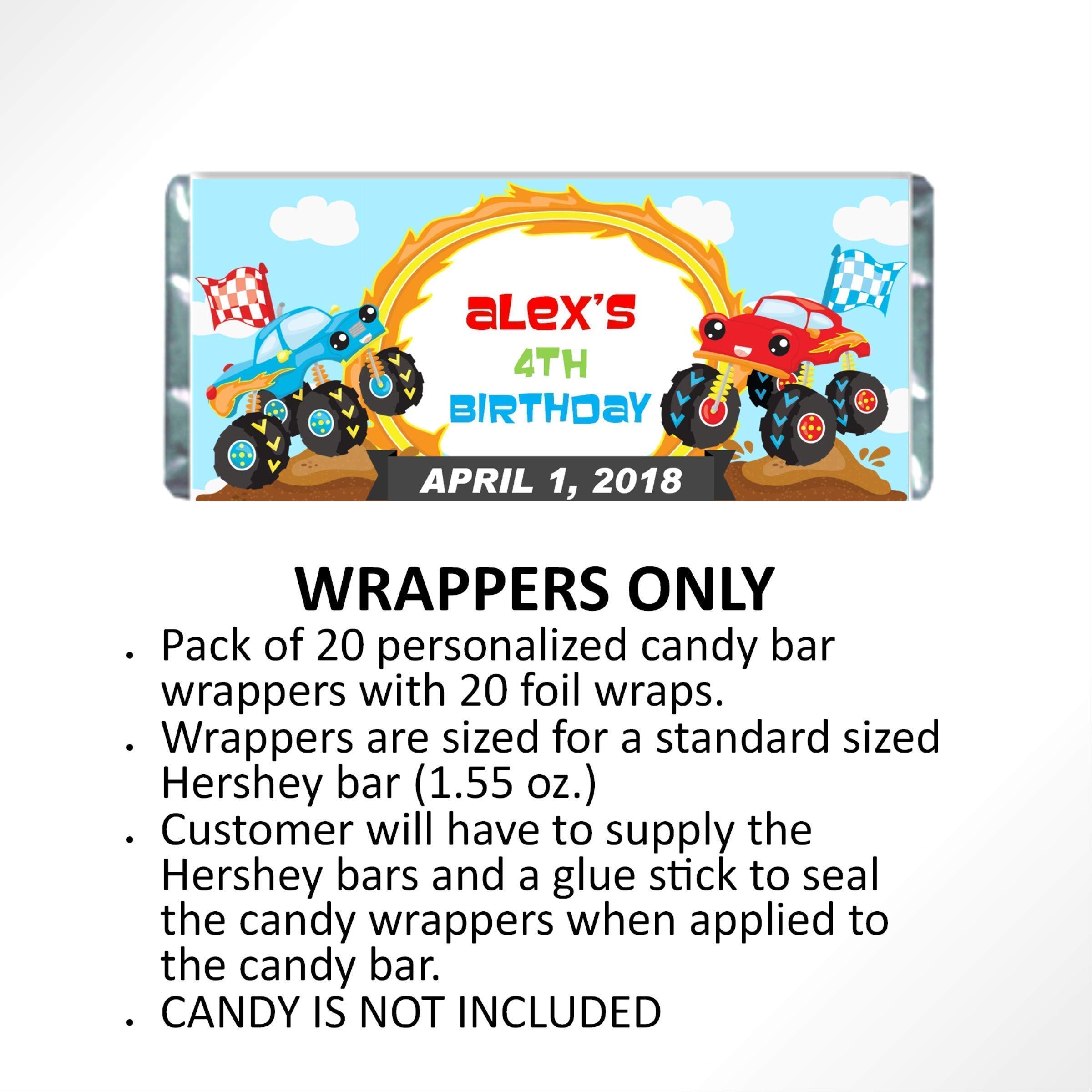 Monster Truck Party Favors for Kids Birthday, Personalized Candy Wrappers, Pack of 20 Custom Chocolate Bar Labels