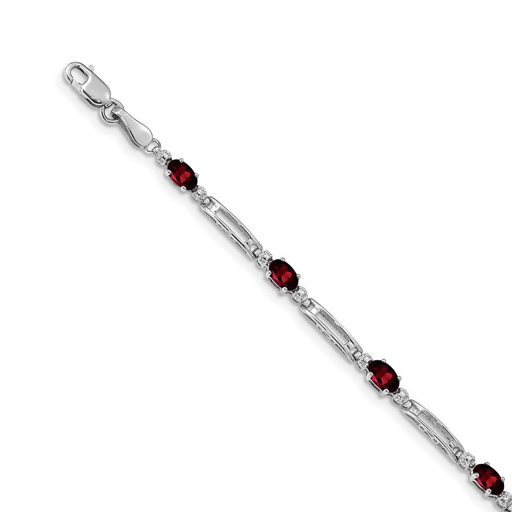 Solid 14k White Gold Diamond/Garnet January Red Gemstone Bracelet - with Secure Lobster Lock Clasp 7" (Width = 3mm)