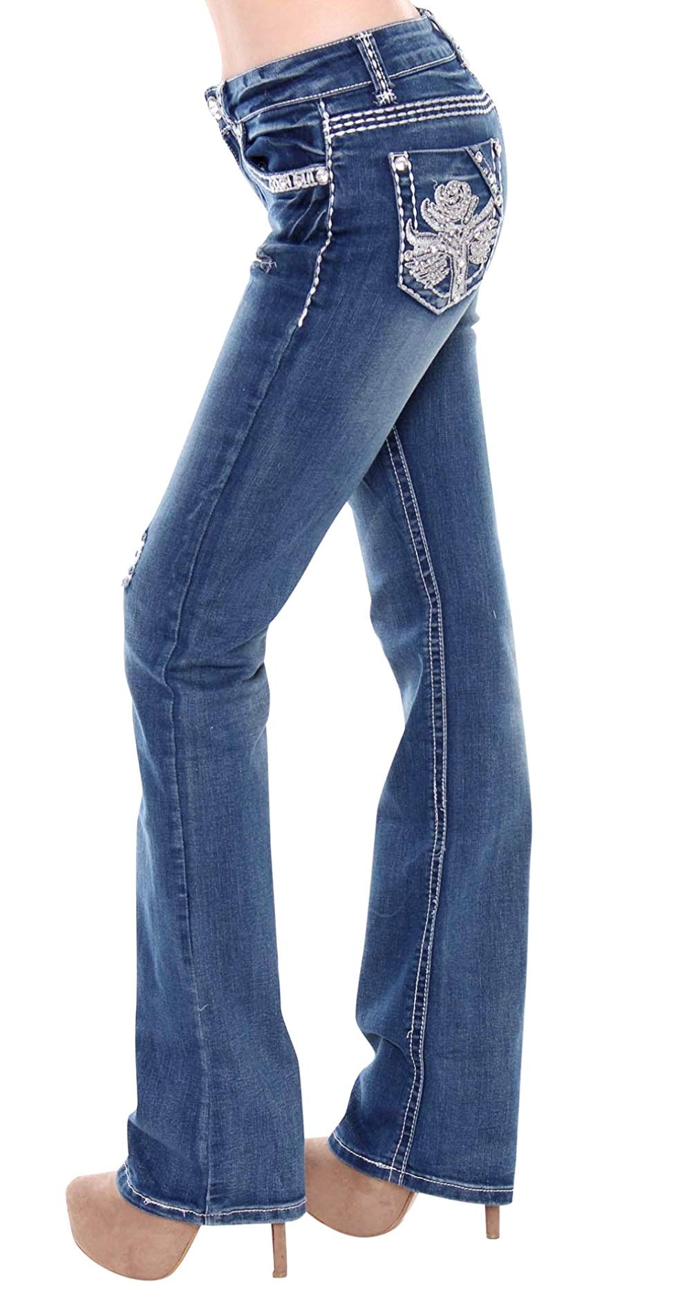 Jack David/LA Idol/Sexy Couture Women's Rhinestone Mid Rise Bootcut/Skinny Blue Stretchy Denim Jeans Pants
