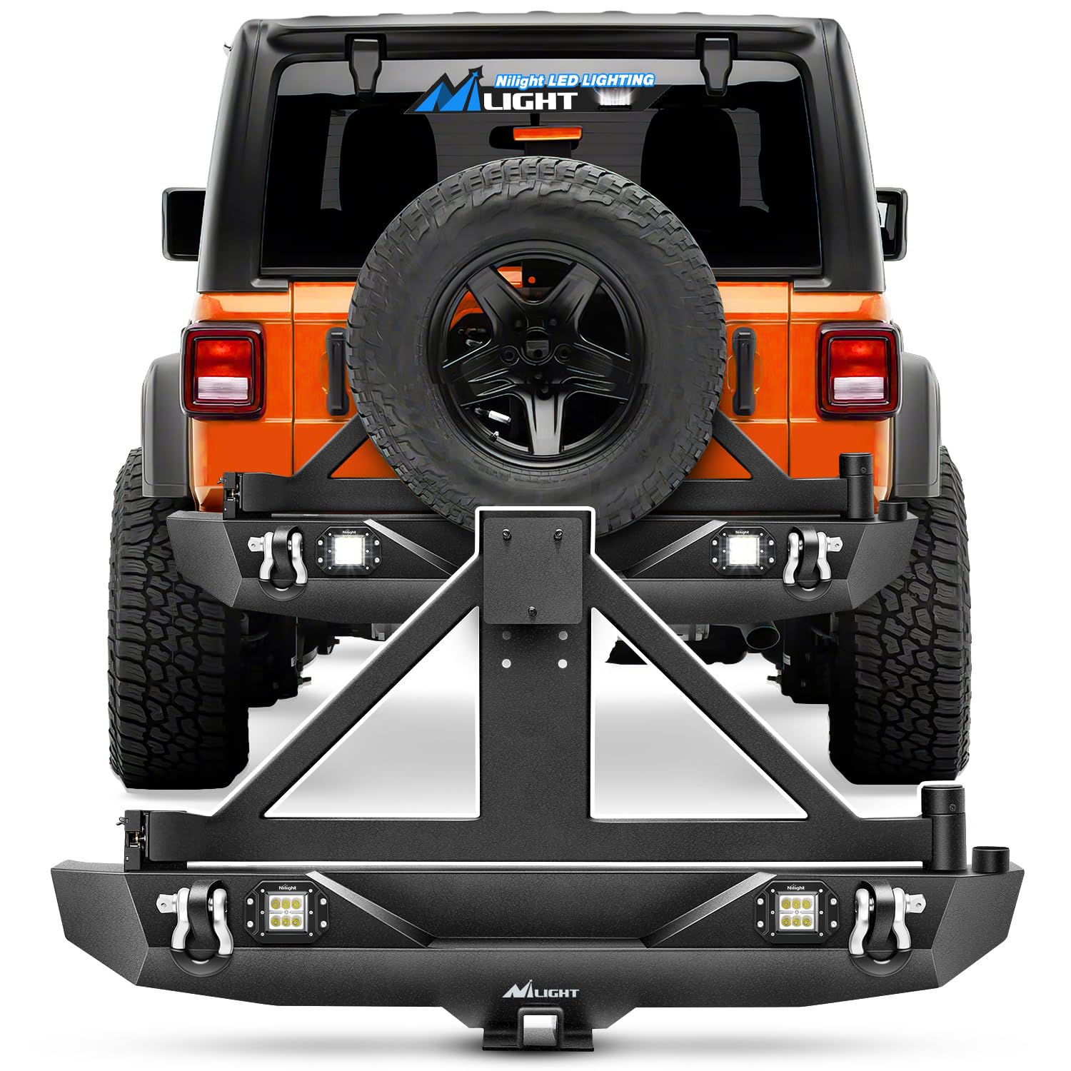 Nilight Rear Bumper & Spare Tire Rack & Hitch Receiver w/2 LED Lights Compatible for 2007-2018 Jeep Wrangler JK for 2007-2018 Jeep Wrangler JK & Unlimited