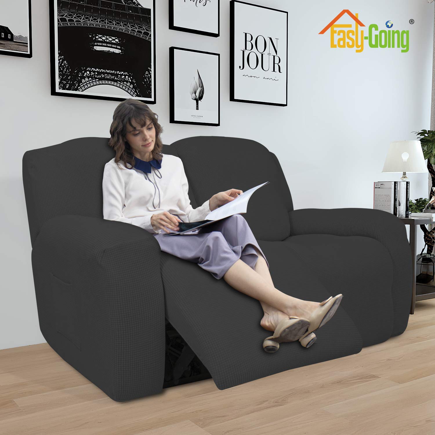 Easy-Going 6 Pieces Recliner Loveseat Stretch Sofa Slipcover Sofa Cover Furniture Protector Couch Soft with Elastic Bottom Kids, Spandex Jacquard Fabric Small Checks Dark Gray