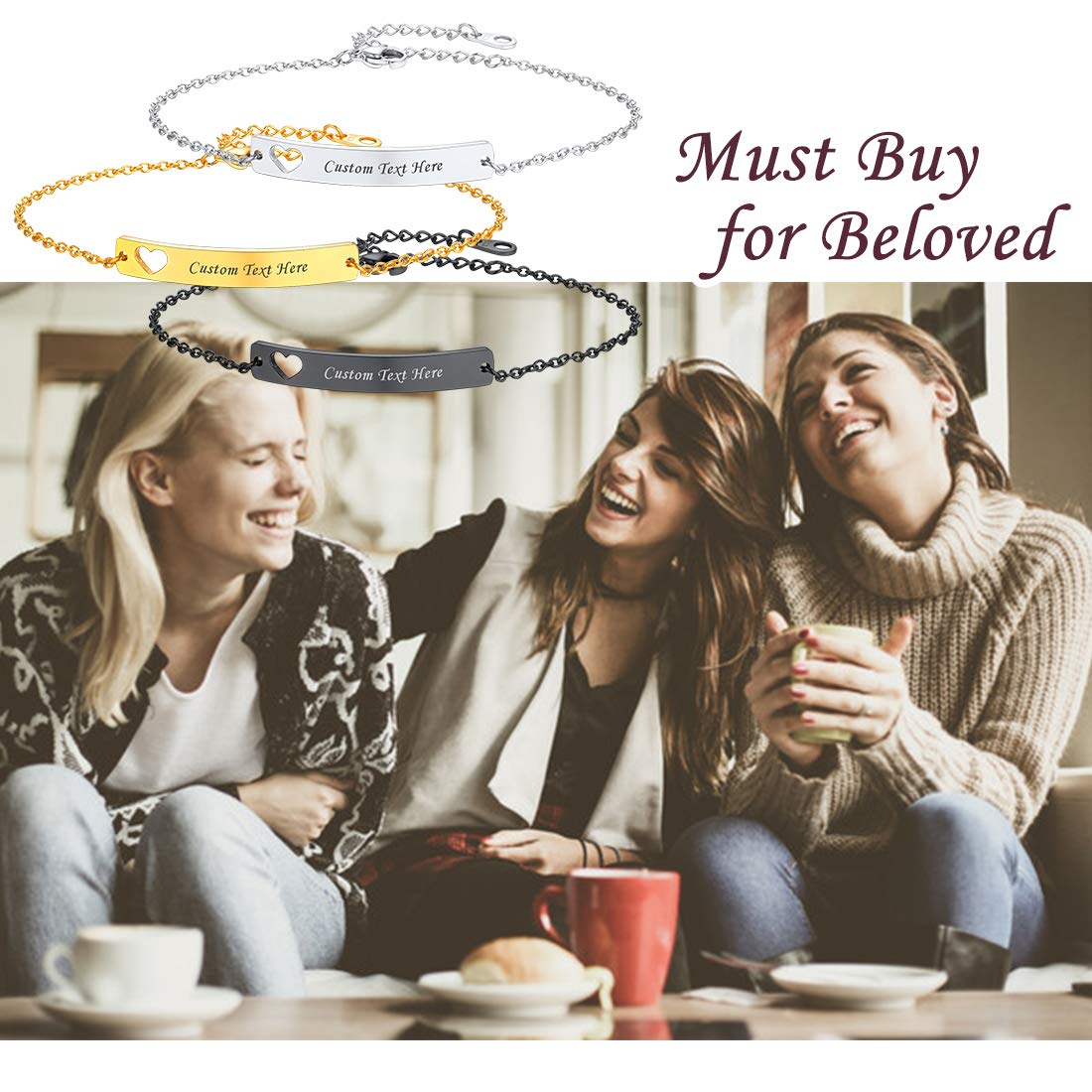 U7 Mantra Engraving Identification Bracelet Customized Black Color Sideways Heart ID Bar Bracelet for Women, Fit 6-8.3 Inch