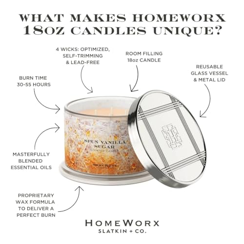 Premium Scented 18oz Candle - HomeWorx by Slatkin & Co - Spun Vanilla Sugar - 4 Wicks - Long-Lasting Jar Candle, 30-55 Hours Clean Burn Time - Vanilla Sugar, Caramel, hint of Citrus