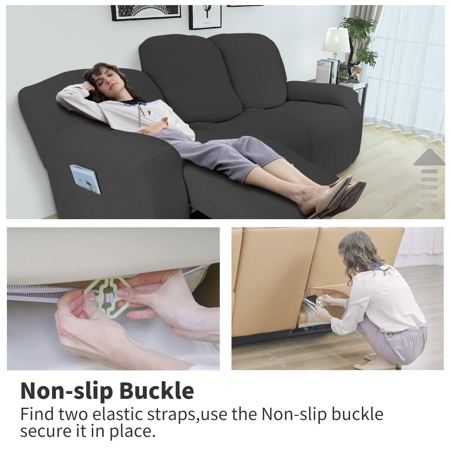 Easy-Going 6 Pieces Recliner Loveseat Stretch Sofa Slipcover Sofa Cover Furniture Protector Couch Soft with Elastic Bottom Kids, Spandex Jacquard Fabric Small Checks Dark Gray