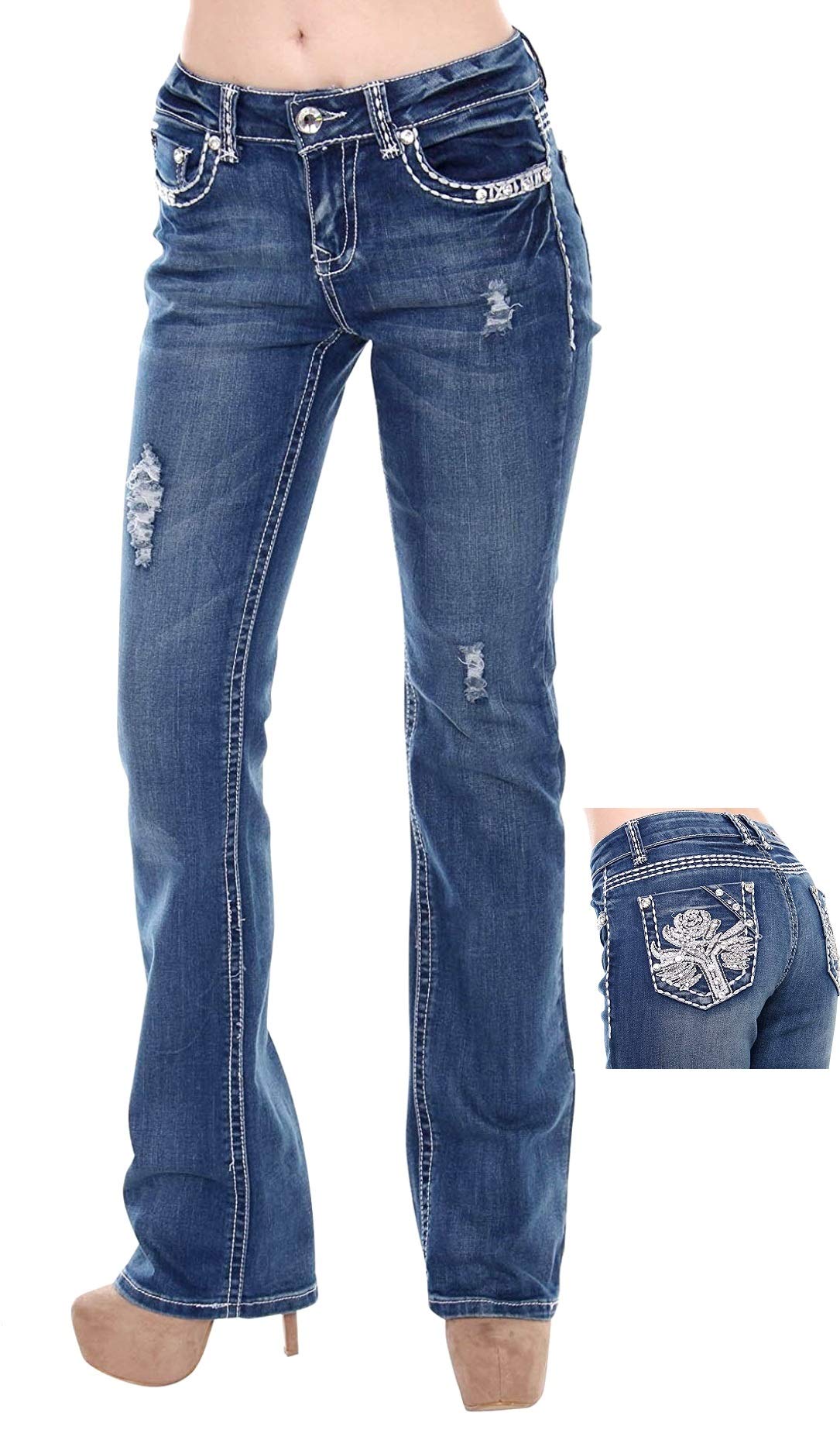 Jack David/LA Idol/Sexy Couture Women's Rhinestone Mid Rise Bootcut/Skinny Blue Stretchy Denim Jeans Pants