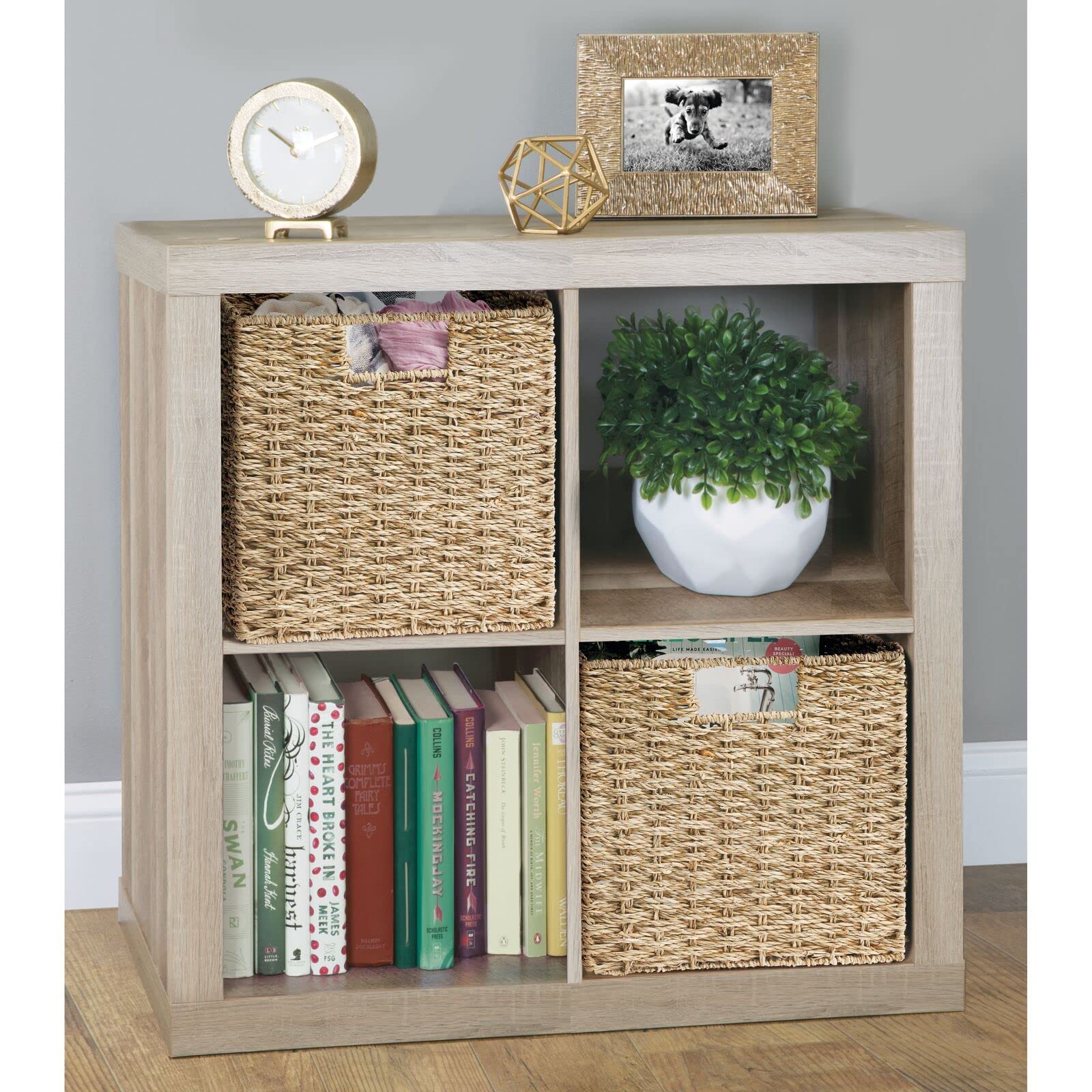mDesign Seagrass Woven Cube Basket Organizer with Handles - Storage for Bedroom, Office, Living Room, Bathroom, Perfect for Cubby Storage Units - Hold Blankets, Magazines, Books - 4 Pack - Natural/Tan