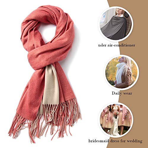 FORTREE Cashmere Feel Warm 2 Tone Shawl - Oversized 78"x28" Wrap Scarf (Coral and Ivory)