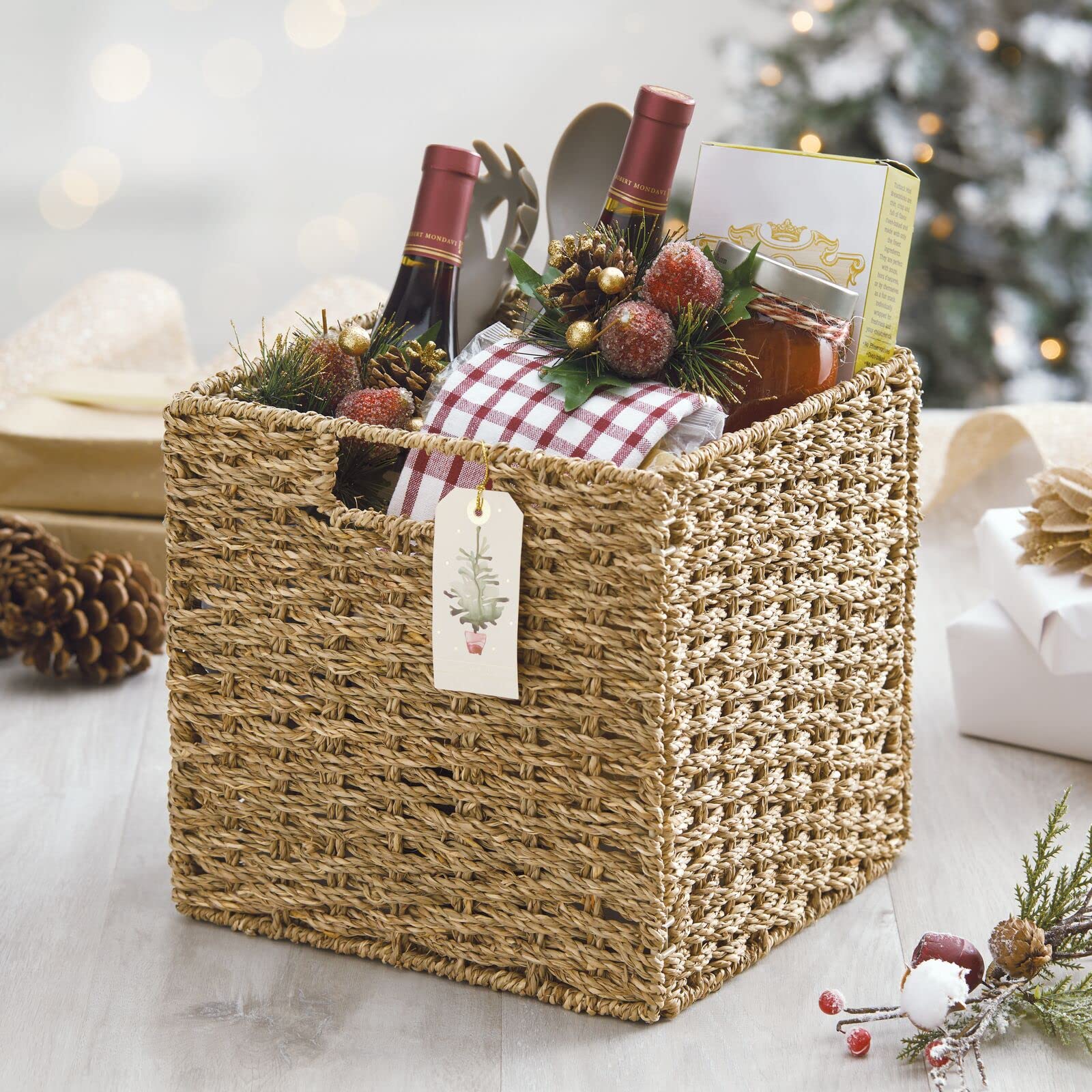 mDesign Seagrass Woven Cube Basket Organizer with Handles - Storage for Bedroom, Office, Living Room, Bathroom, Perfect for Cubby Storage Units - Hold Blankets, Magazines, Books - 4 Pack - Natural/Tan