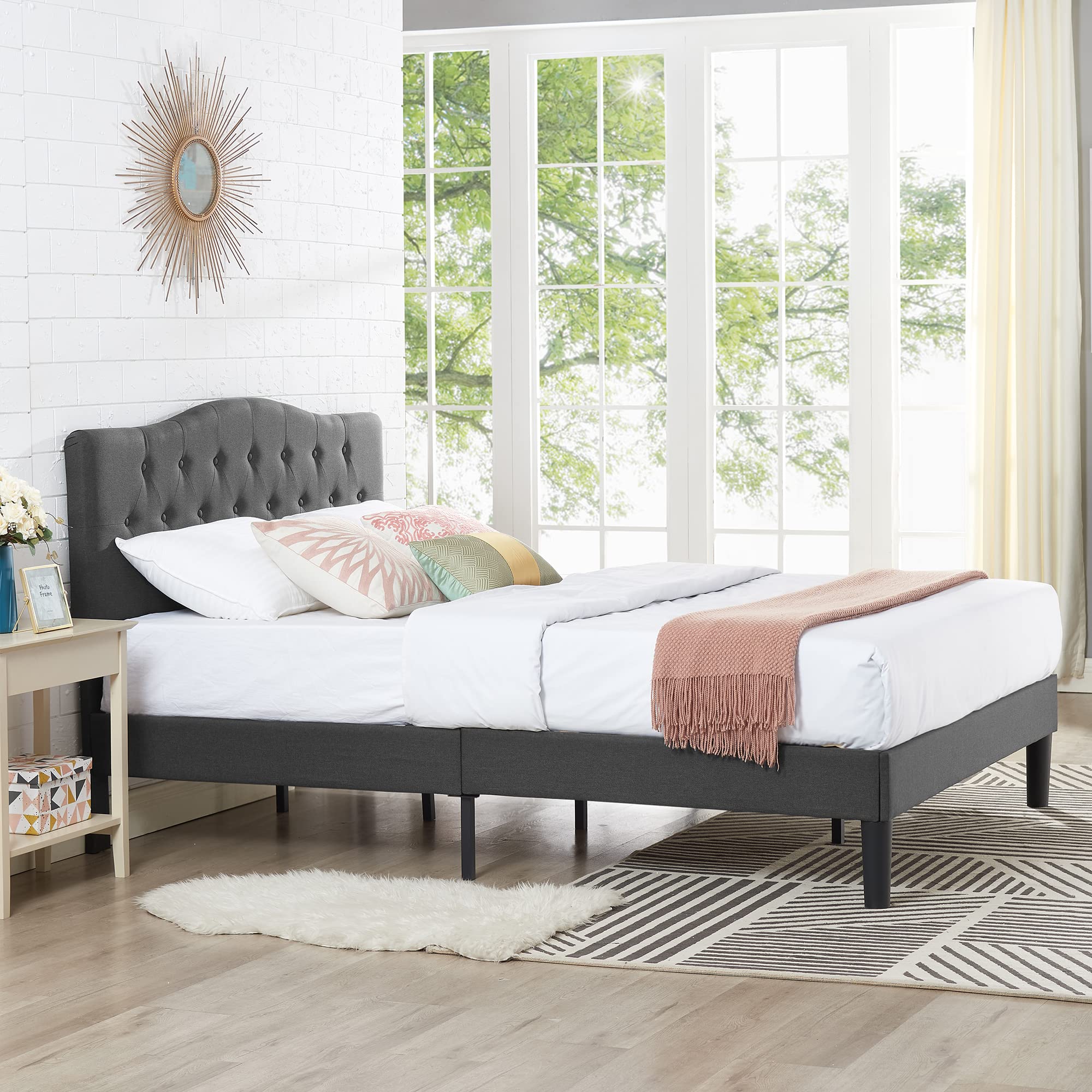 VECELO Full Size Upholstered Platform Bed Classic Diamond Stitched Cloth Panel Headboard/Mattress Foundation/Easy Assembly/Strong Slat Support,Dark Grey