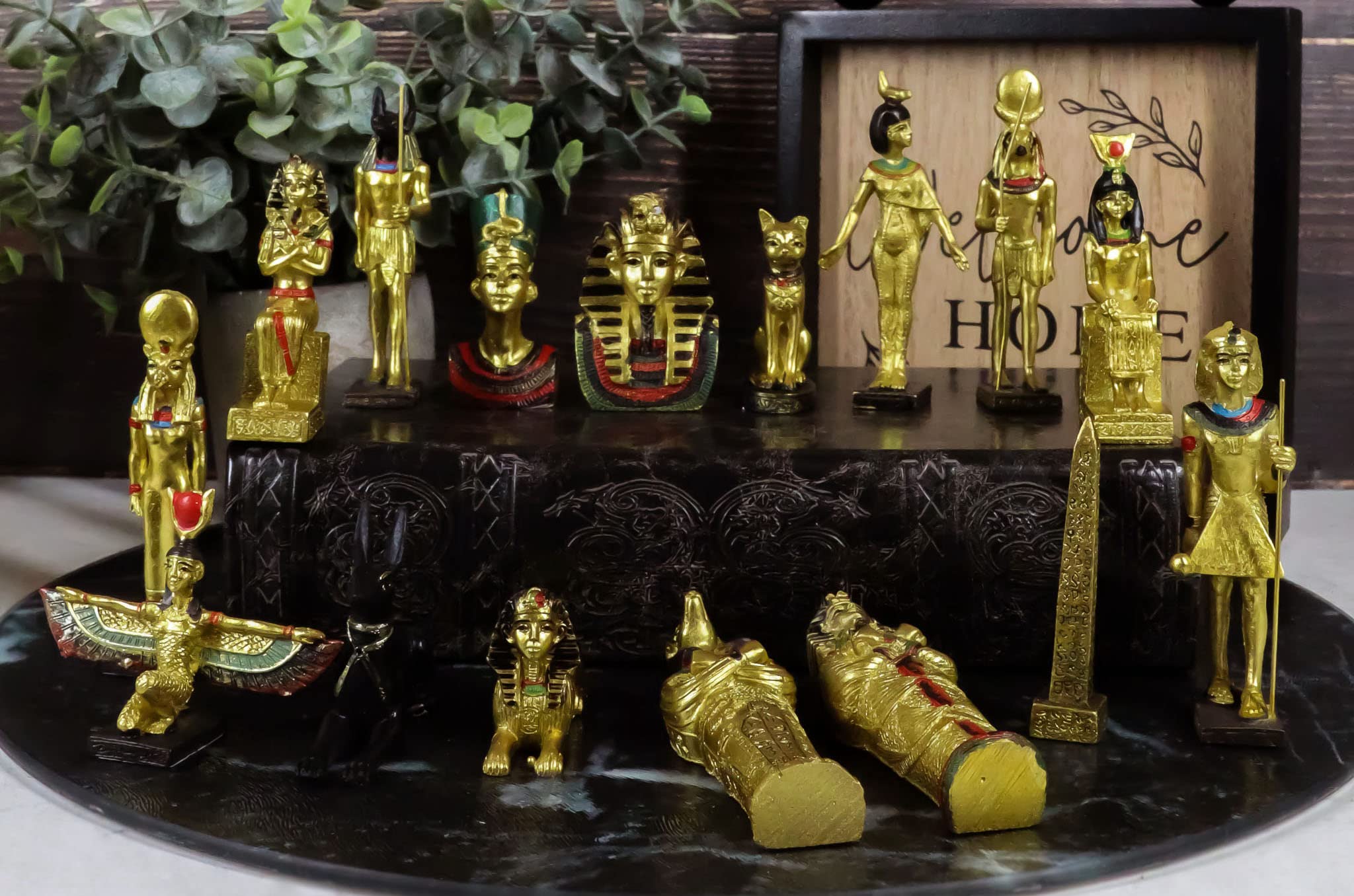 Ebros Miniature Egyptian Gods and Goddesses Figurine Set of 16 Featuring Anubis Osiris Maat Isis Bastet Sekhmet Obelisk Sphinx King TUT Queen Nefertiti Mummy Hathor Horus and Seth