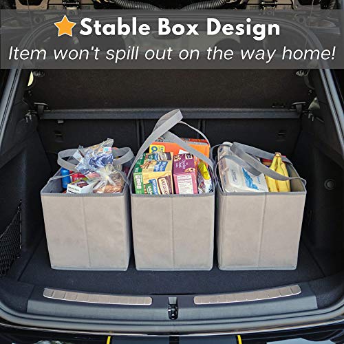 Reusable Grocery Bags (3 Pack) β Heavy Duty Reusable Shopping Bags with Box Shape to Stand Up, Stay Open, Fold Flat β Large Tote Bags with Long Handles & Reinforced Bottom β Gray