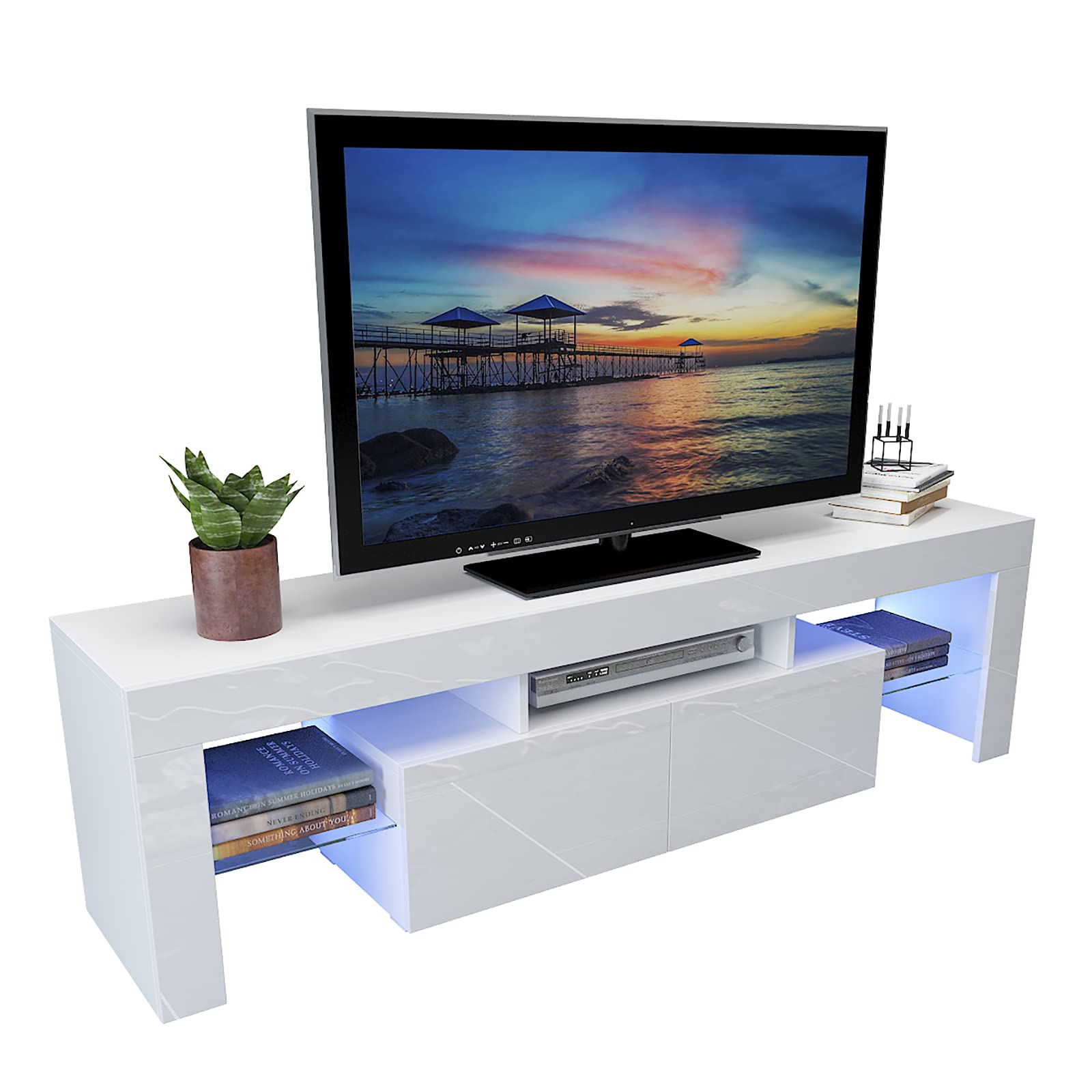 mecor White TV Stand, Modern LED TV Stand w/12 Colors&Remote Control Lights,High Gloss TV Cabinet w/Storage&2 Drawersļ¼65 Inch Entertainment Center for Living Room