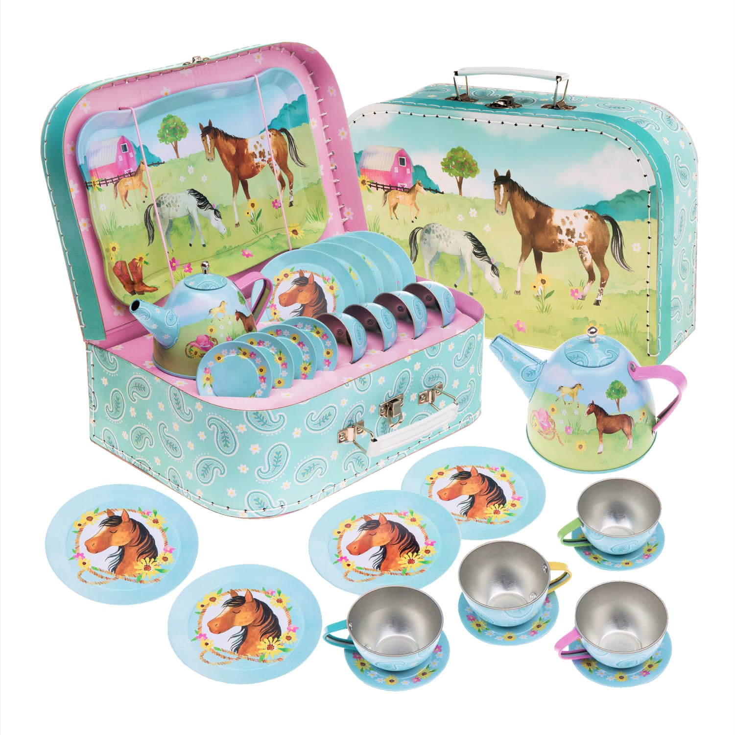Jewelkeeper Toddler Toys Tea Set for Little Girls - 15 Pcs Tin Tea Set for Kids Tea Time Includes Teapot, 4 Tea Cup and Saucers Set and 4 Snack Plates , Horse Tea Party Set with Carrying Case