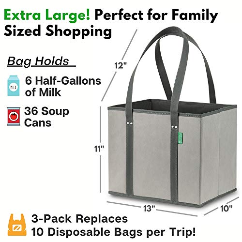 Reusable Grocery Bags (3 Pack) β Heavy Duty Reusable Shopping Bags with Box Shape to Stand Up, Stay Open, Fold Flat β Large Tote Bags with Long Handles & Reinforced Bottom β Gray