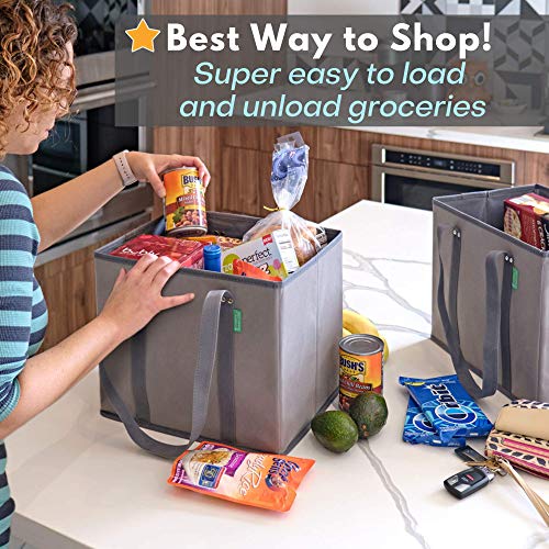 Reusable Grocery Bags (3 Pack) β Heavy Duty Reusable Shopping Bags with Box Shape to Stand Up, Stay Open, Fold Flat β Large Tote Bags with Long Handles & Reinforced Bottom β Gray
