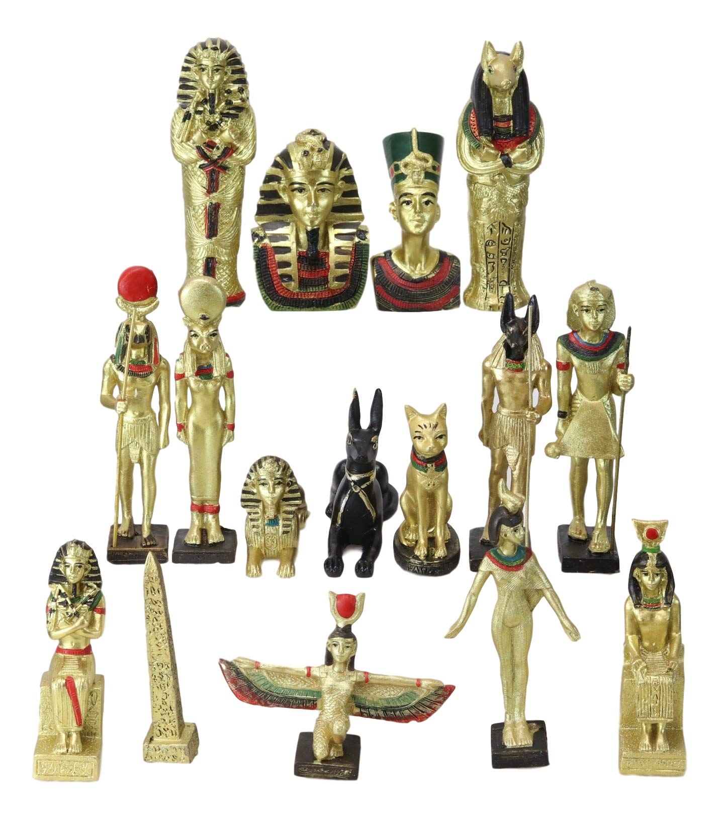 Ebros Miniature Egyptian Gods and Goddesses Figurine Set of 16 Featuring Anubis Osiris Maat Isis Bastet Sekhmet Obelisk Sphinx King TUT Queen Nefertiti Mummy Hathor Horus and Seth