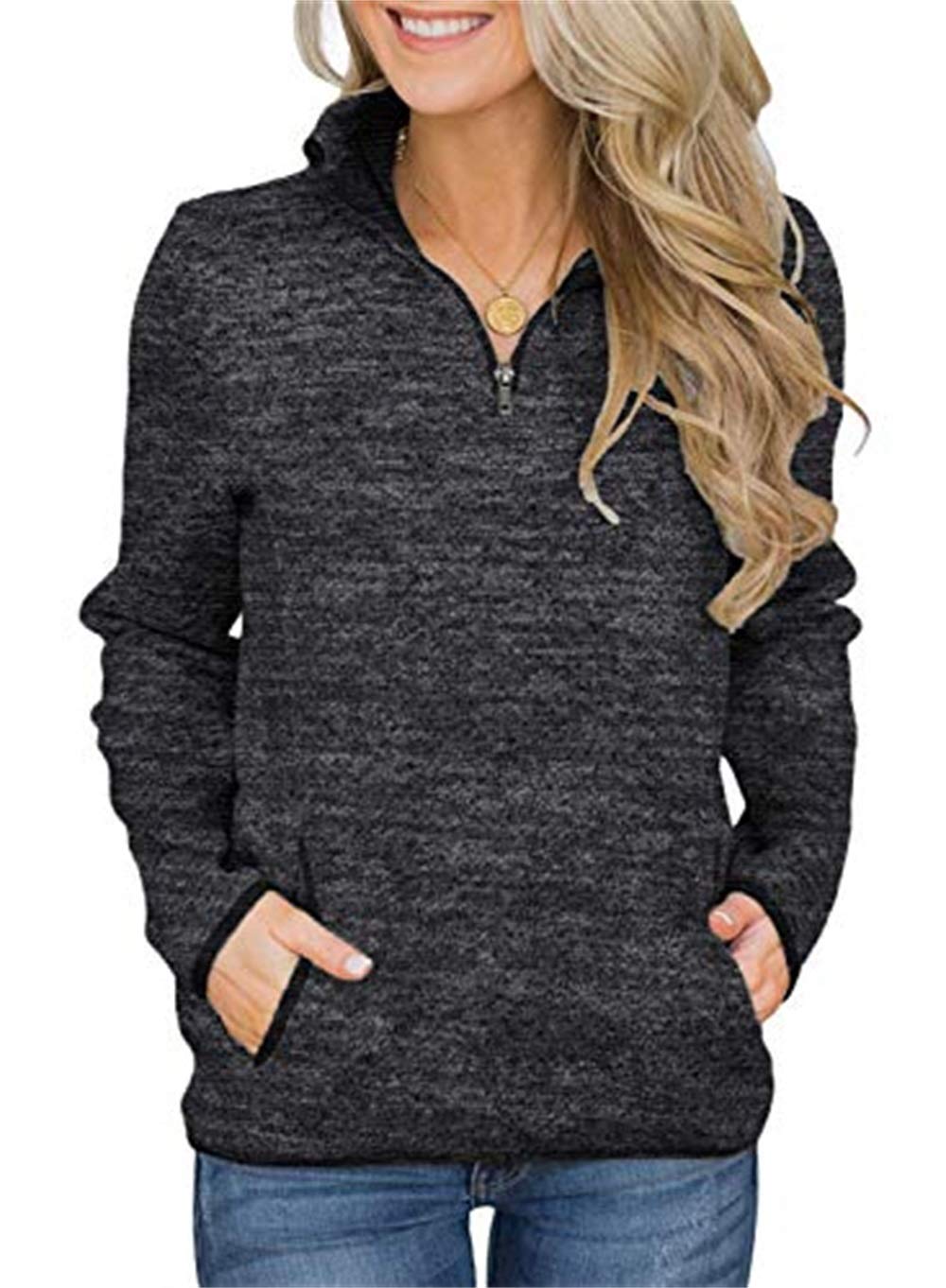 Artfish Women's Women Quarter Zip Casual Pullovers Lightweight Fleece Sweatshirts with Pockets (S,Black)