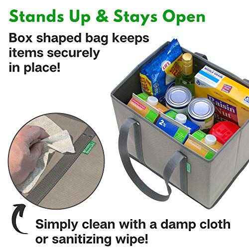 Reusable Grocery Bags (3 Pack) β Heavy Duty Reusable Shopping Bags with Box Shape to Stand Up, Stay Open, Fold Flat β Large Tote Bags with Long Handles & Reinforced Bottom β Gray