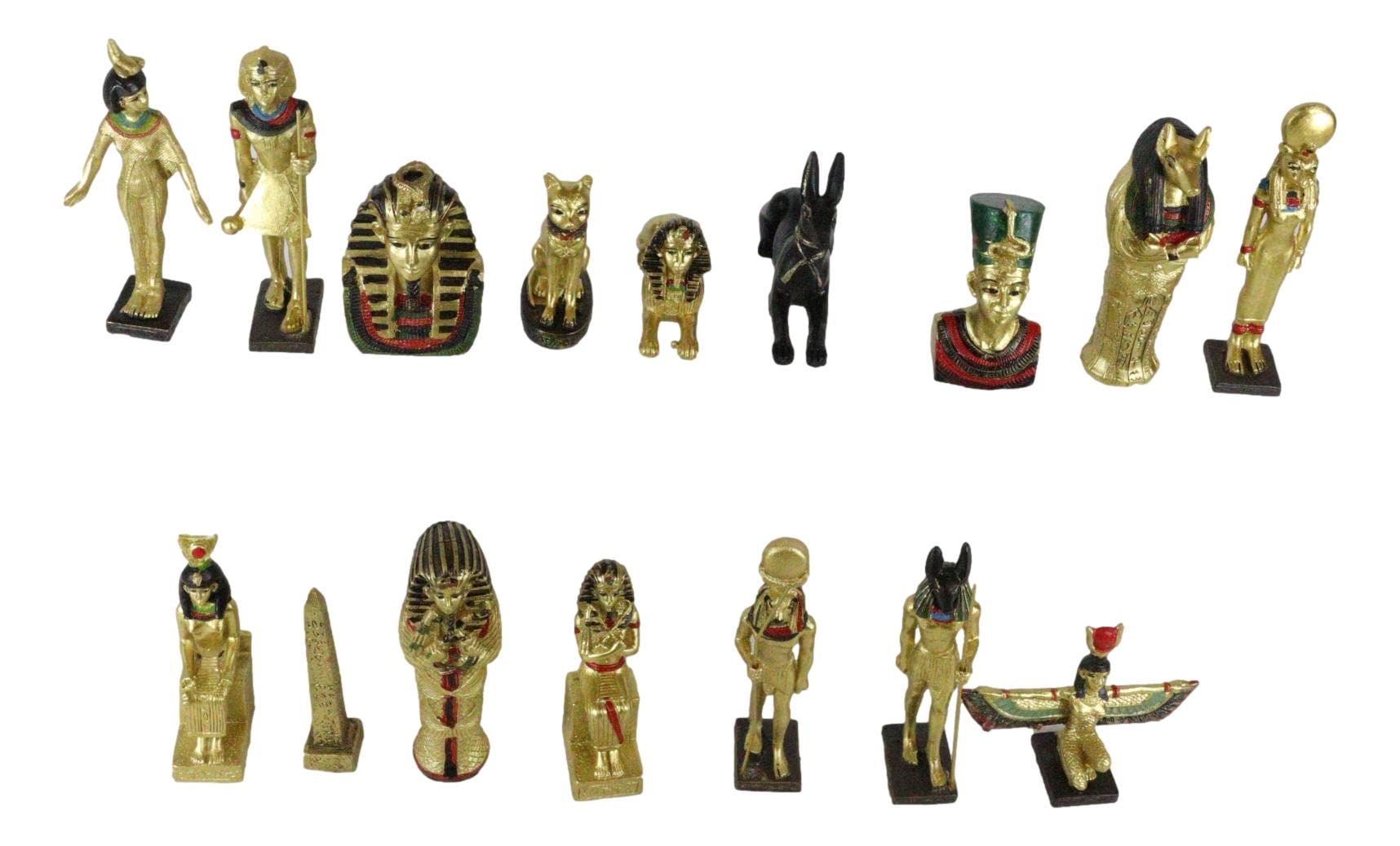 Ebros Miniature Egyptian Gods and Goddesses Figurine Set of 16 Featuring Anubis Osiris Maat Isis Bastet Sekhmet Obelisk Sphinx King TUT Queen Nefertiti Mummy Hathor Horus and Seth