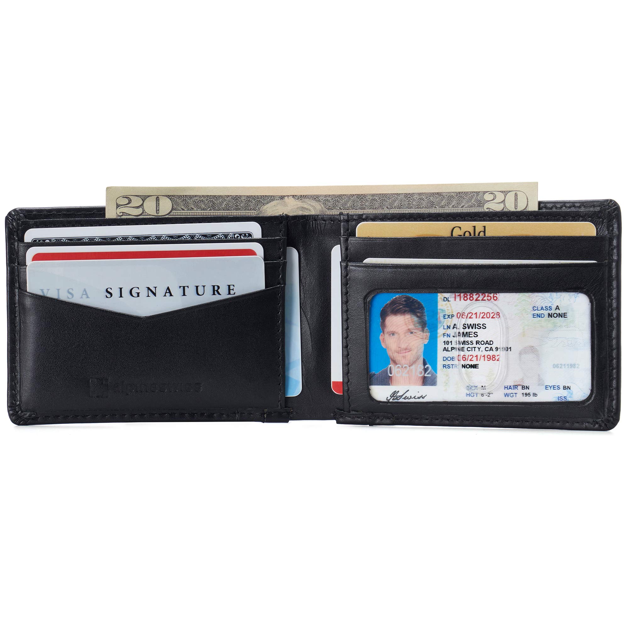Alpine Swiss Men’s Delaney Slimfold RFID Safe Slim Bifold Wallet Smooth Leather Comes in Gift Box Black