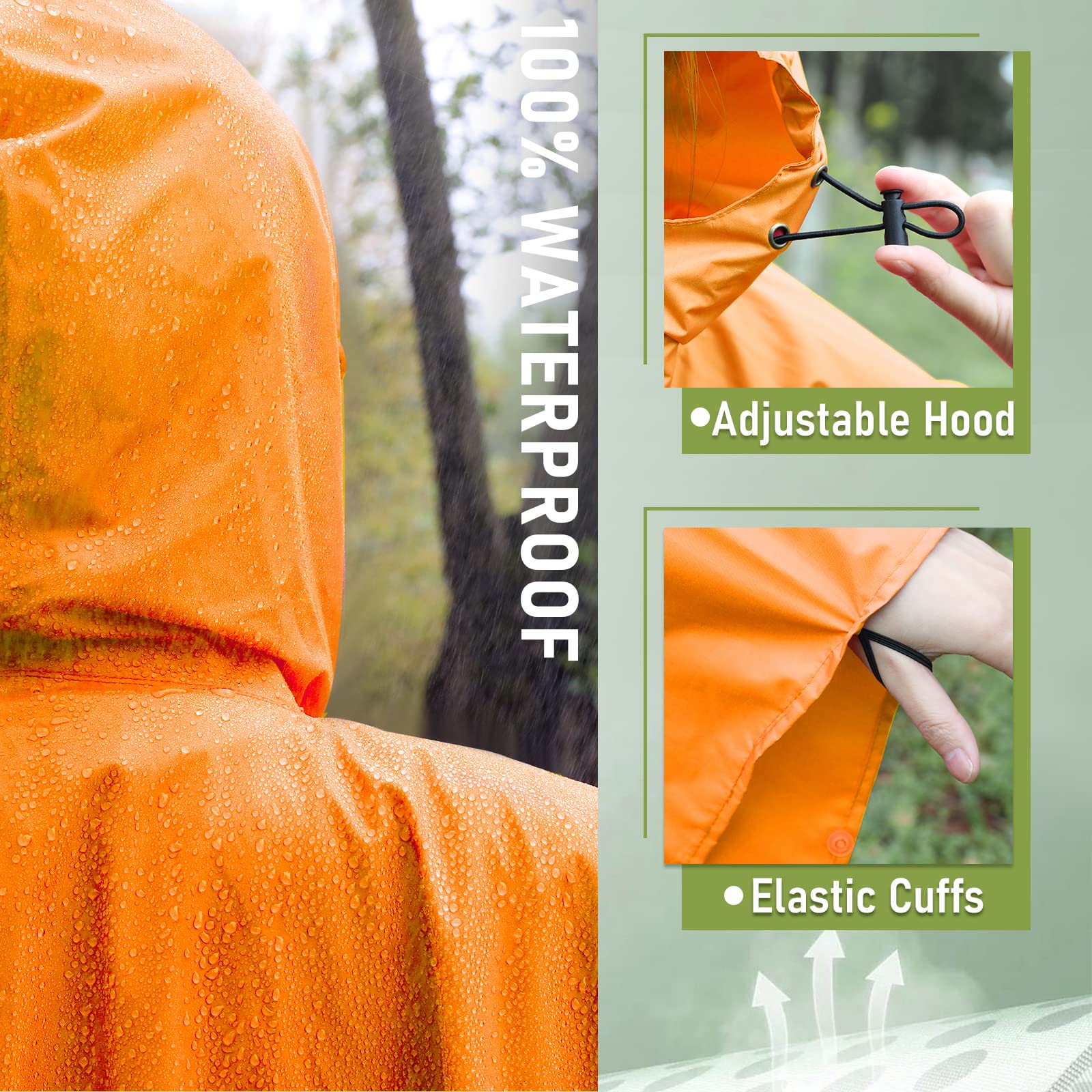 Unisex Rain Poncho Raincoat Hooded for Adults Women with Pockets(Orange)