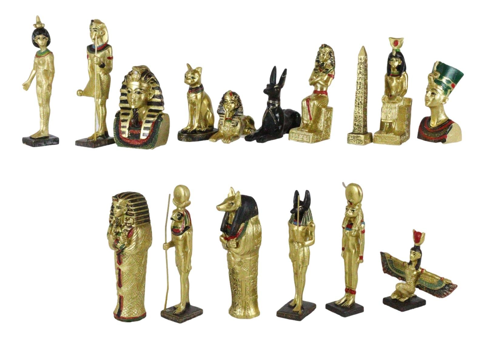 Ebros Miniature Egyptian Gods and Goddesses Figurine Set of 16 Featuring Anubis Osiris Maat Isis Bastet Sekhmet Obelisk Sphinx King TUT Queen Nefertiti Mummy Hathor Horus and Seth