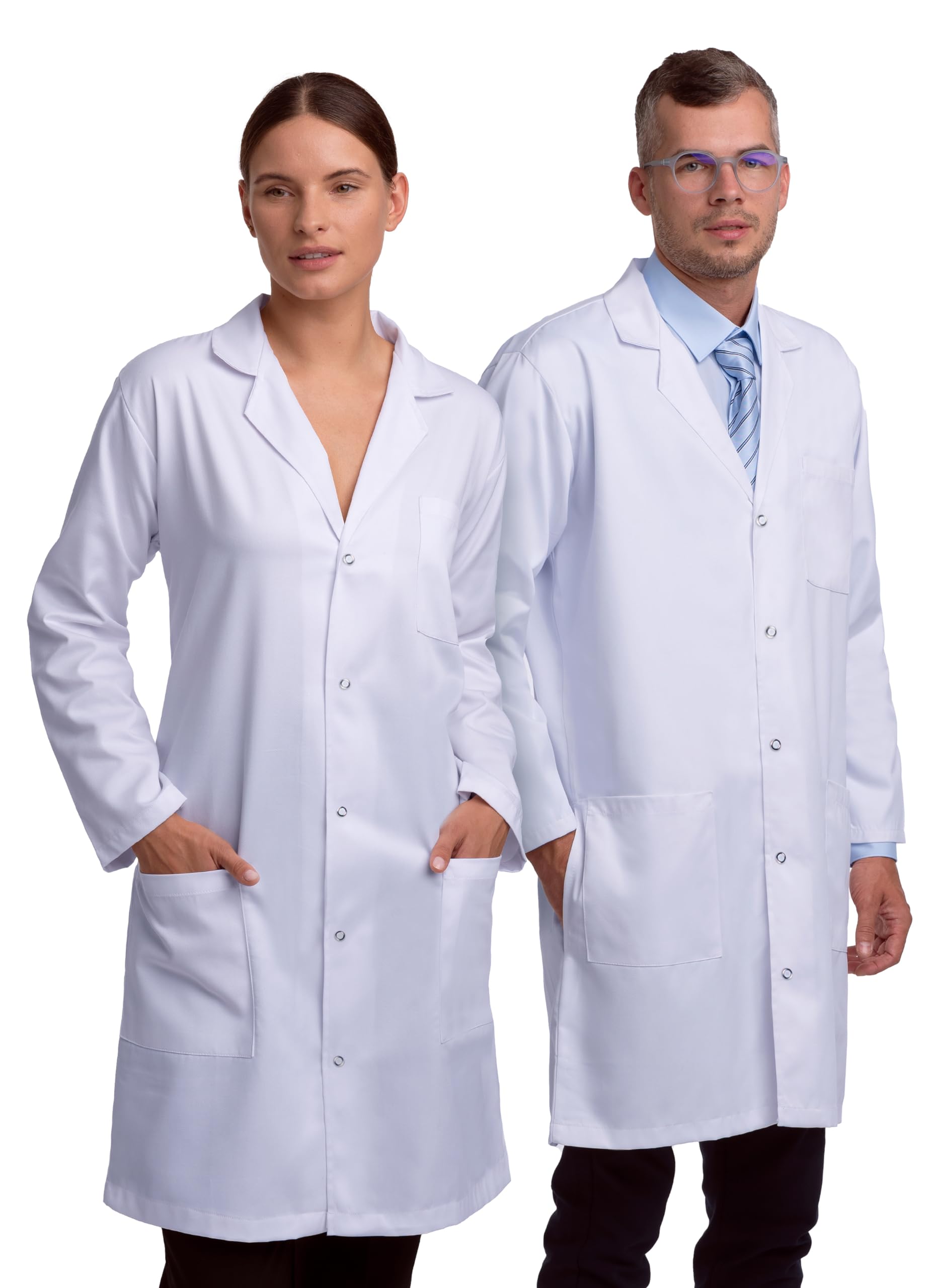 Professional Unisex 100% Cotton Lab Coat for Men and Women, Multiple Pockets, Classic Fit, Snap Closing, 40" Length (L)