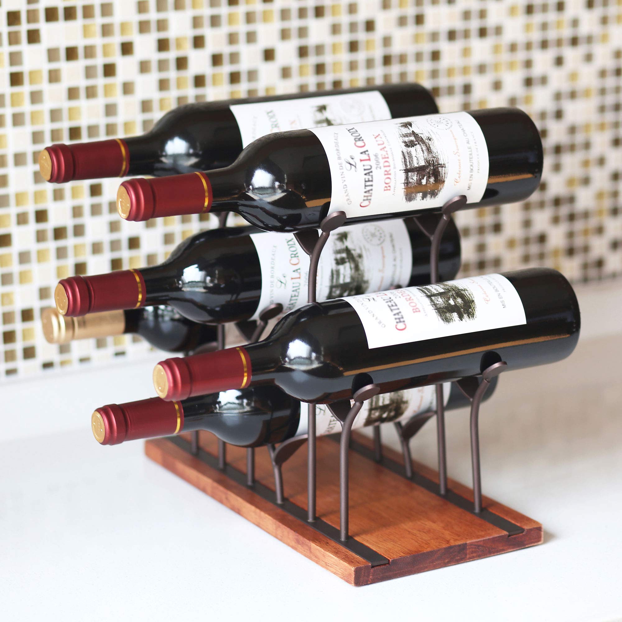 ALLCENER Countertop Bottle Rack, Tabletop Wood Bottle Holder, Hold 6 Bottles, Perfect for Home Decor & Kitchen Storage Rack, Bar, Cellar, Cabinet, Pantry, etc, Wood & Metal (Bronze)