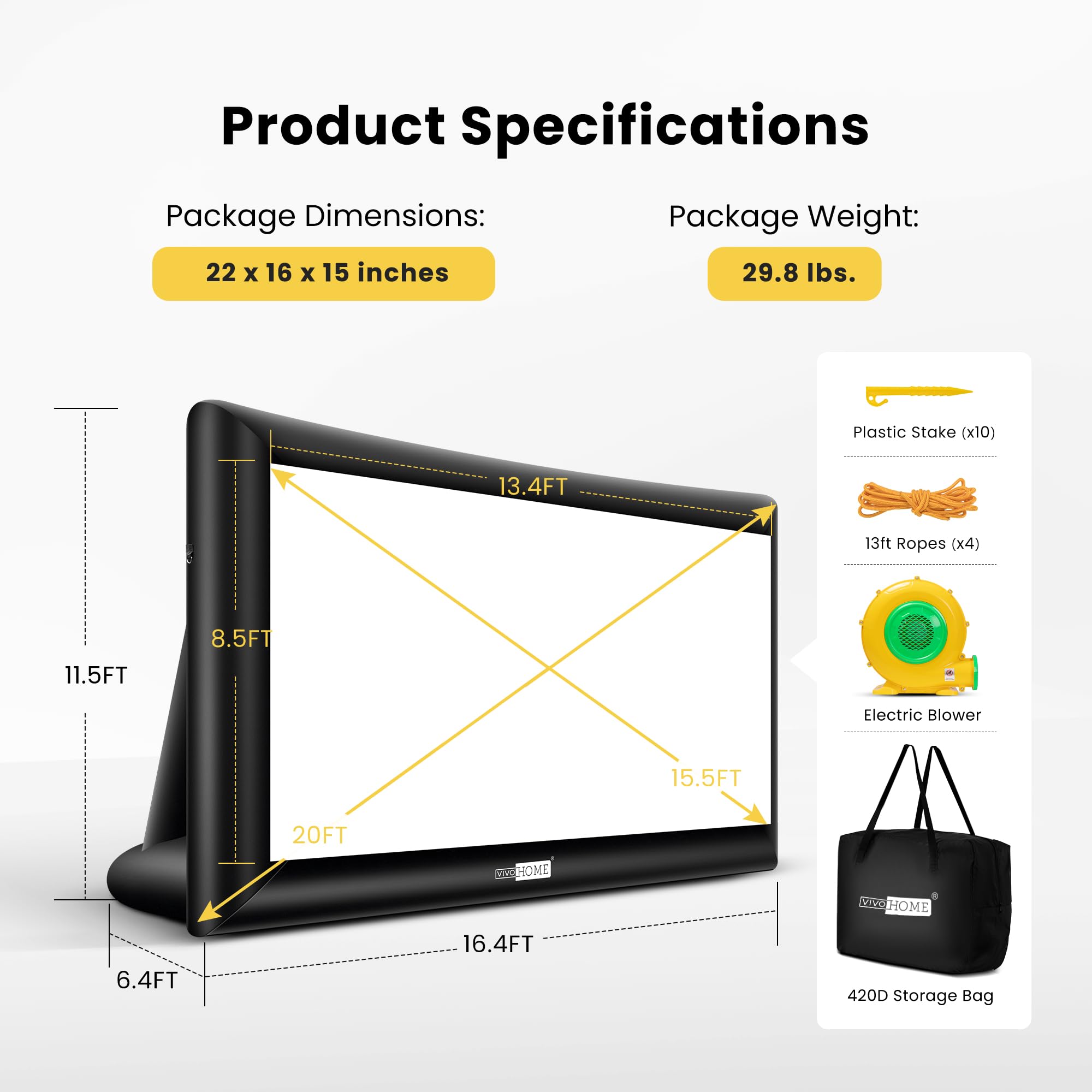 VIVOHOME 20 FT Inflatable Projector Screen for Outside, Blow Up Movie Screen Outdoor Use, Mega Large TV Screen with Carry Bag for Backyard, Triangular Back Support