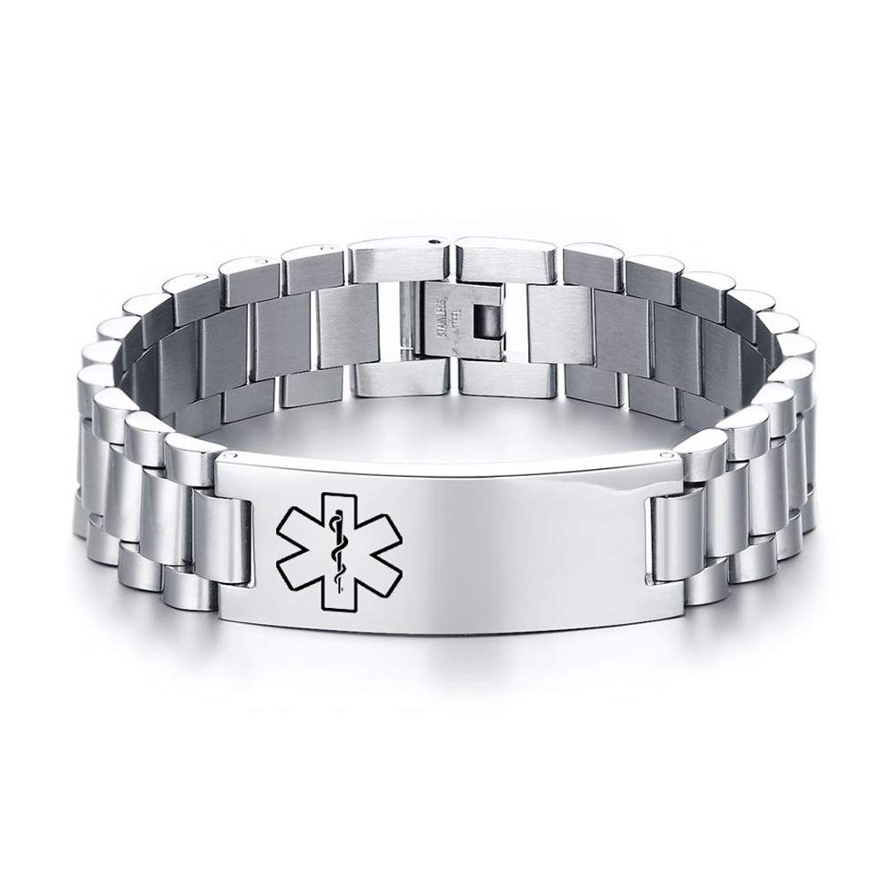 VNOX Customize Medical Emergency Jewelry 15.5MM Wide Metal Stainless Steel Watchband Link Bracelet,8.5" (Silver, *Custom Engraving)