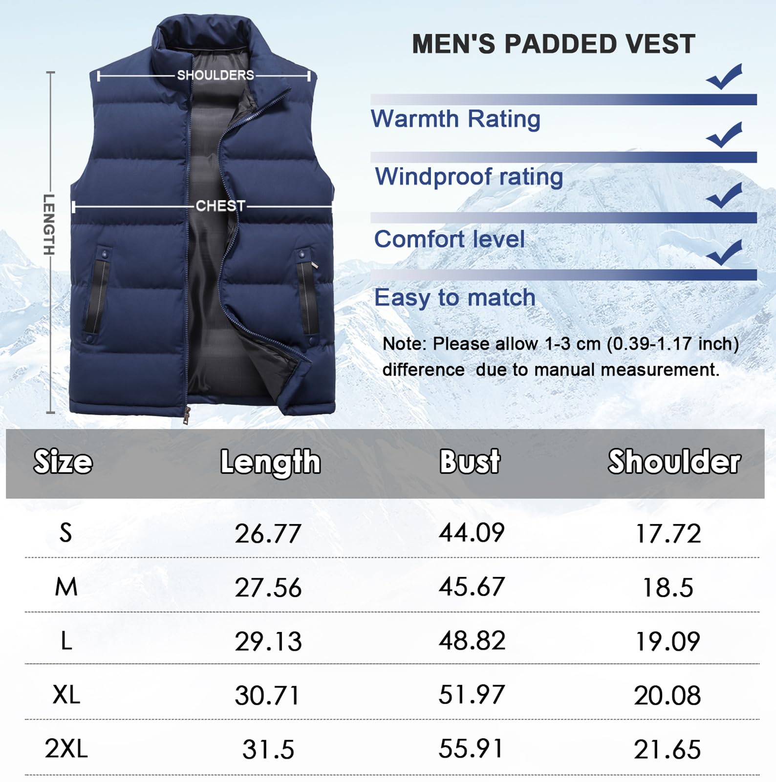 XinYangNi Men's Outdoor Casual Puffer Vest Padded Jacket Outerwear Vests Dark Blue XX-Large