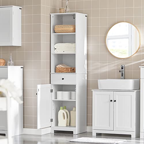 SoBuy Floor Standing Tall Bathroom Storage Cabinet with Shelves and Drawers, Linen Tower Bath Cabinet, Anti-Tipping Multifunctional Corner Unit, White BZR17-W