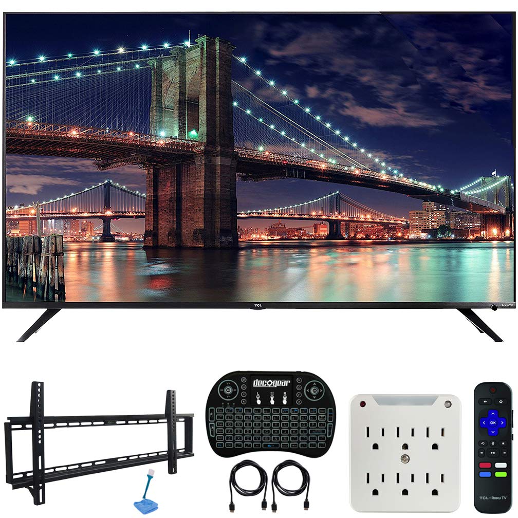 TCL 75R617 75-inch 6-Series 4K UHD Dolby Vision HDR Roku Smart TV Bundle with 37-70-inch Low Profile Wall Mount Kit, Deco Gear Wireless Keyboard and 6-Outlet Surge Adapter with Night Light