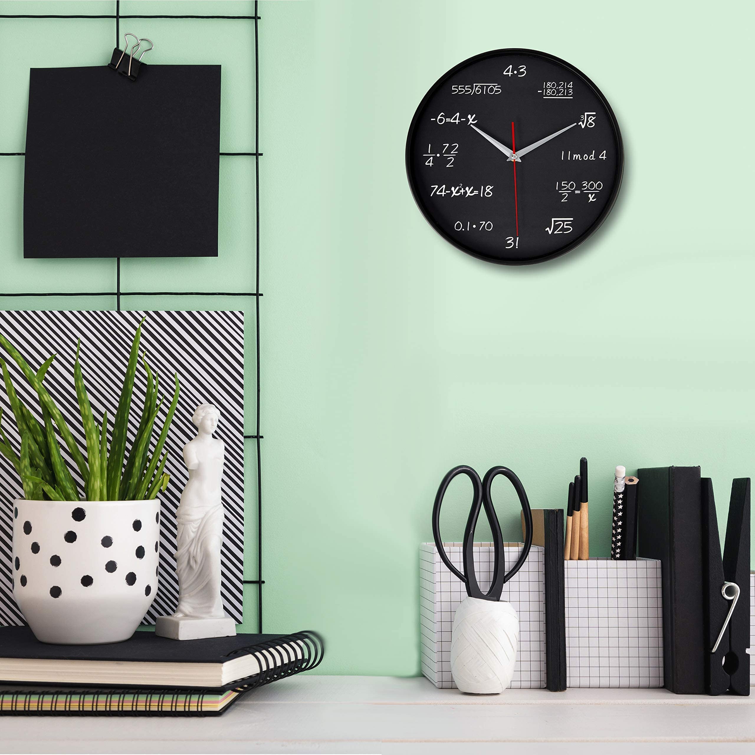Bernhard Products Math Wall Clock Black 12 Inch Silent Non-Ticking Unique Gift for Teacher/Student/Engineer Graduate Quartz Round Battery Operated, Home Office School Classroom, Mathematical Equations