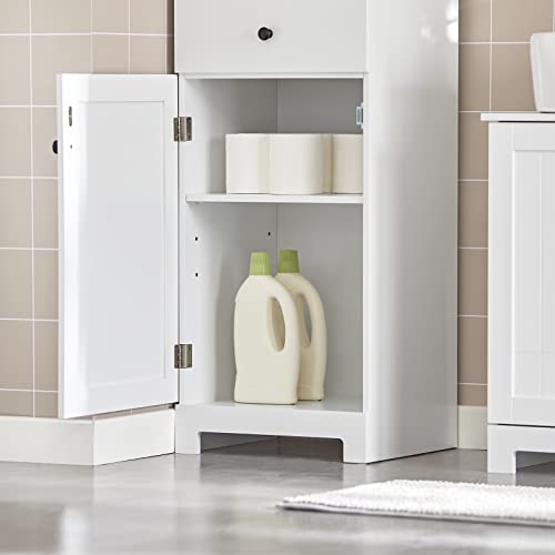 SoBuy Floor Standing Tall Bathroom Storage Cabinet with Shelves and Drawers, Linen Tower Bath Cabinet, Anti-Tipping Multifunctional Corner Unit, White BZR17-W