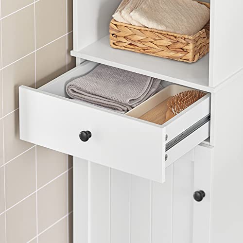 SoBuy Floor Standing Tall Bathroom Storage Cabinet with Shelves and Drawers, Linen Tower Bath Cabinet, Anti-Tipping Multifunctional Corner Unit, White BZR17-W