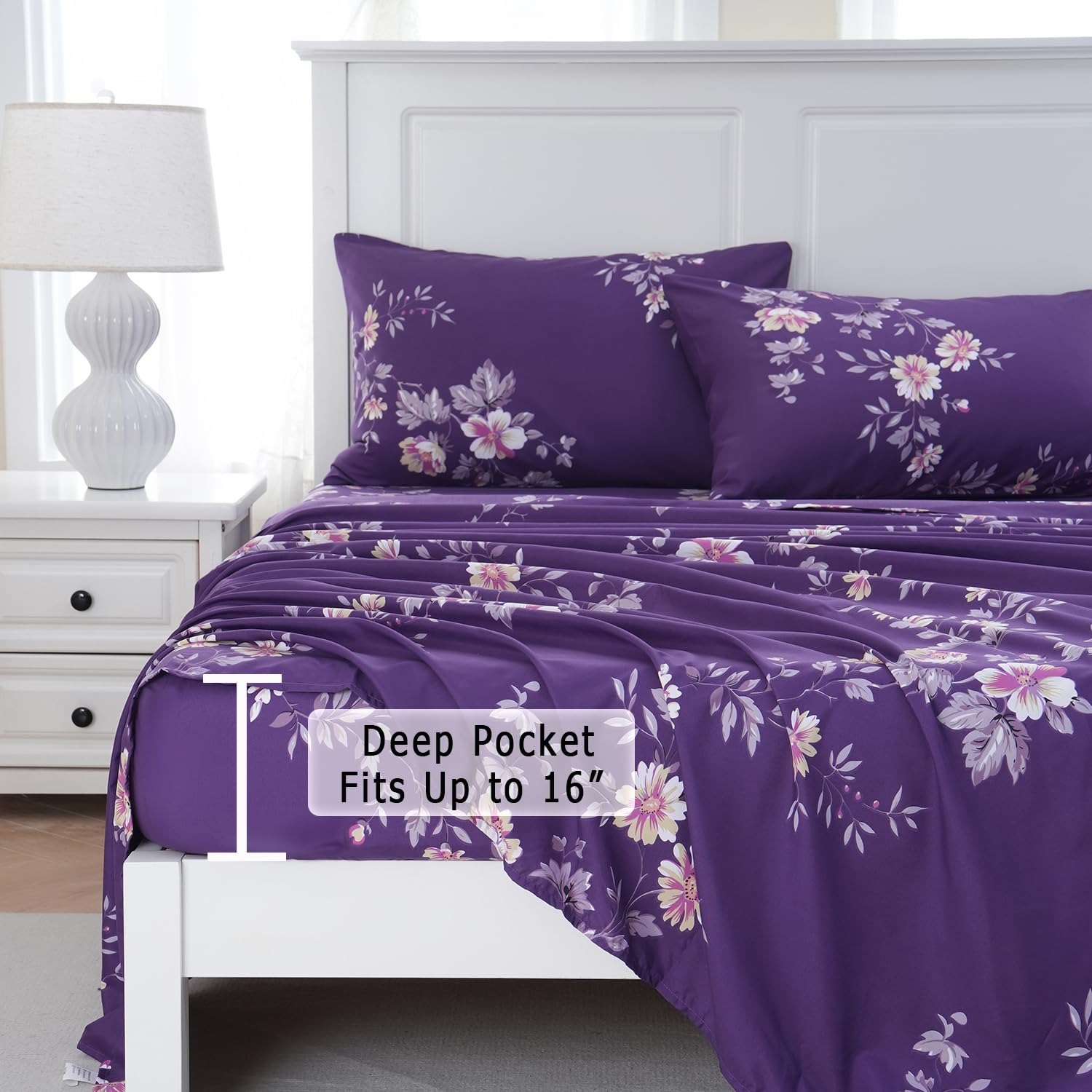 MEISHANG Queen Sheet Set - Floral Sheets Deep Pocket Ultra Soft Brushed Microfiber with Up to 16" Mattresses - Wrinkle Free - 4 Pieces(Queen,Purple Floral)