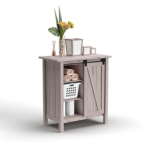 Landia Home Farmhouse Coffee Bar Cabinet with Sliding Barn Door, Accent Cabinet with 3 Tiers Shelves, Cabinet for Entryway, Living Room, Bathroom, and Kitchen, Grey