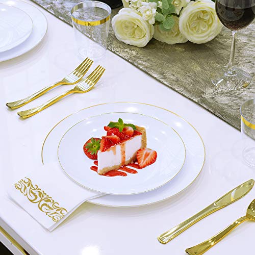 Vplus 175 Count Gold and White Plastic Plates Sets, Disposable Dinnerware Sets for Wedding Party