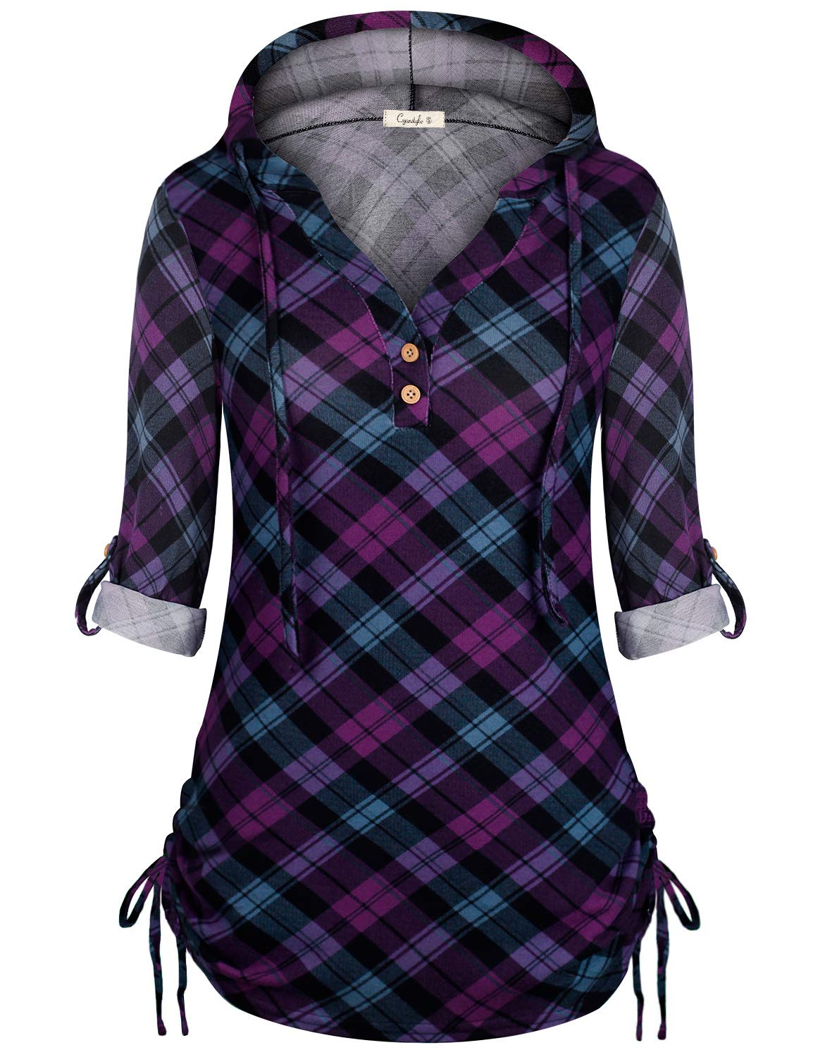 Cyanstyle Women's Long Sleeve Henley V-Neck Button Sweatshirt Tunic Hoodies Casual Pullover with Drawstring Purple Plaid Medium