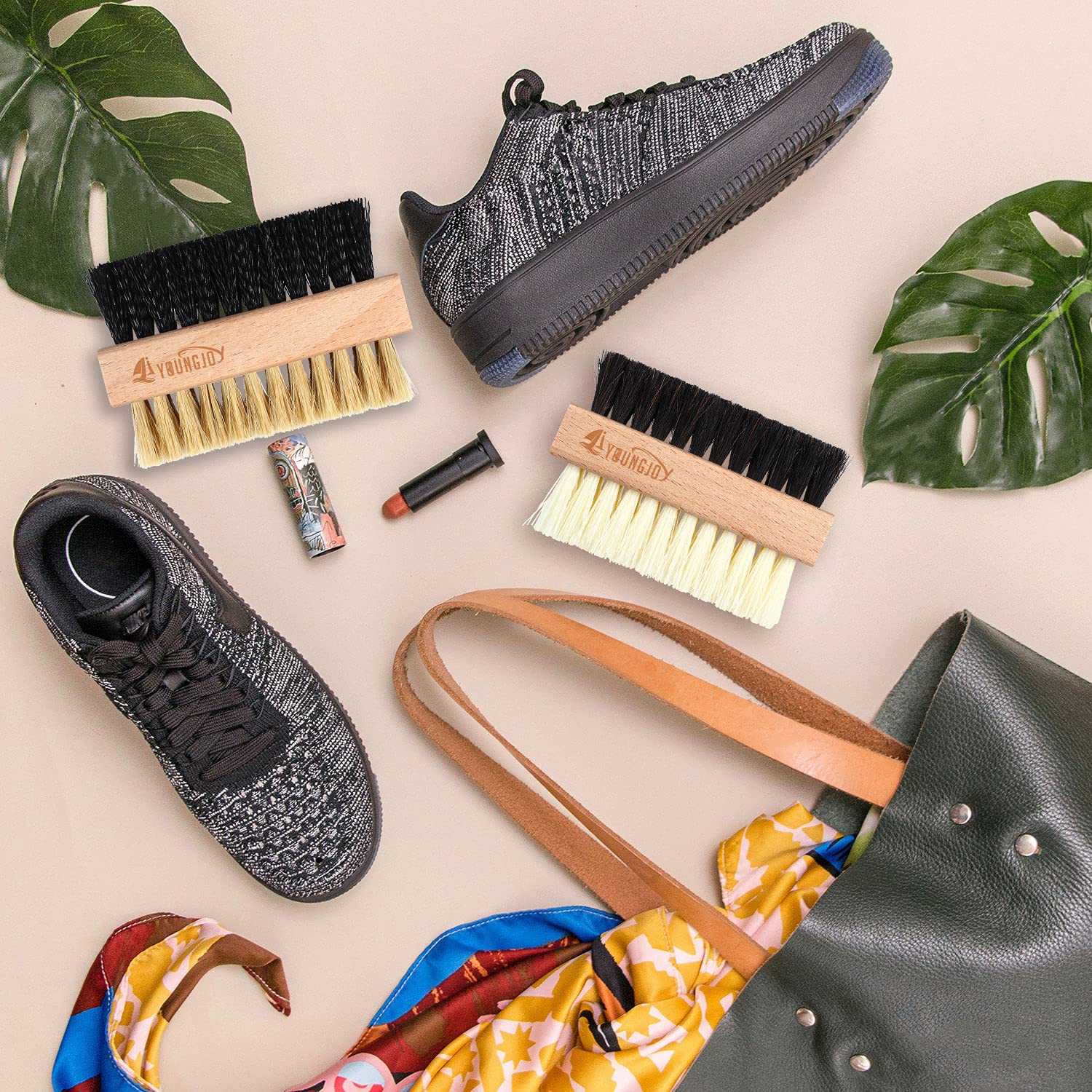 YoungJoy 2 Pieces Dual Sided Sneaker Shoe Cleaner Brush Set Shoes Clean Brush Kit Both Boar and Plastic Bristles with Microfiber Cloth (A)