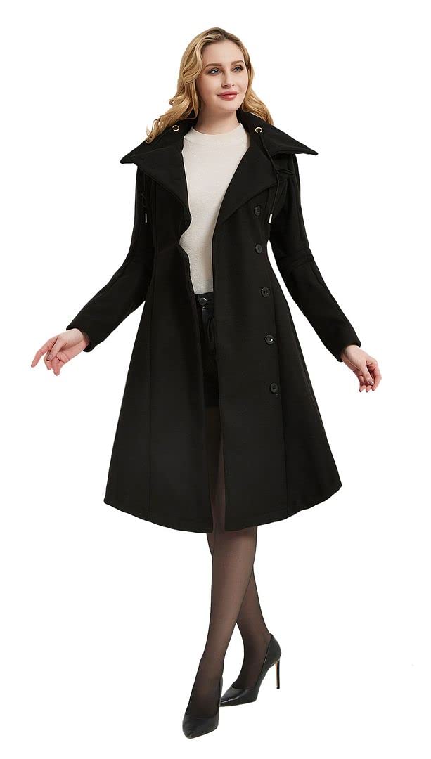QZUnique Long Trench Pea Coat for Women - Wool Winter Trench Coat Goth Lapel Peacoat Outwear Thick Hood Pea Jacket Trenchcoat