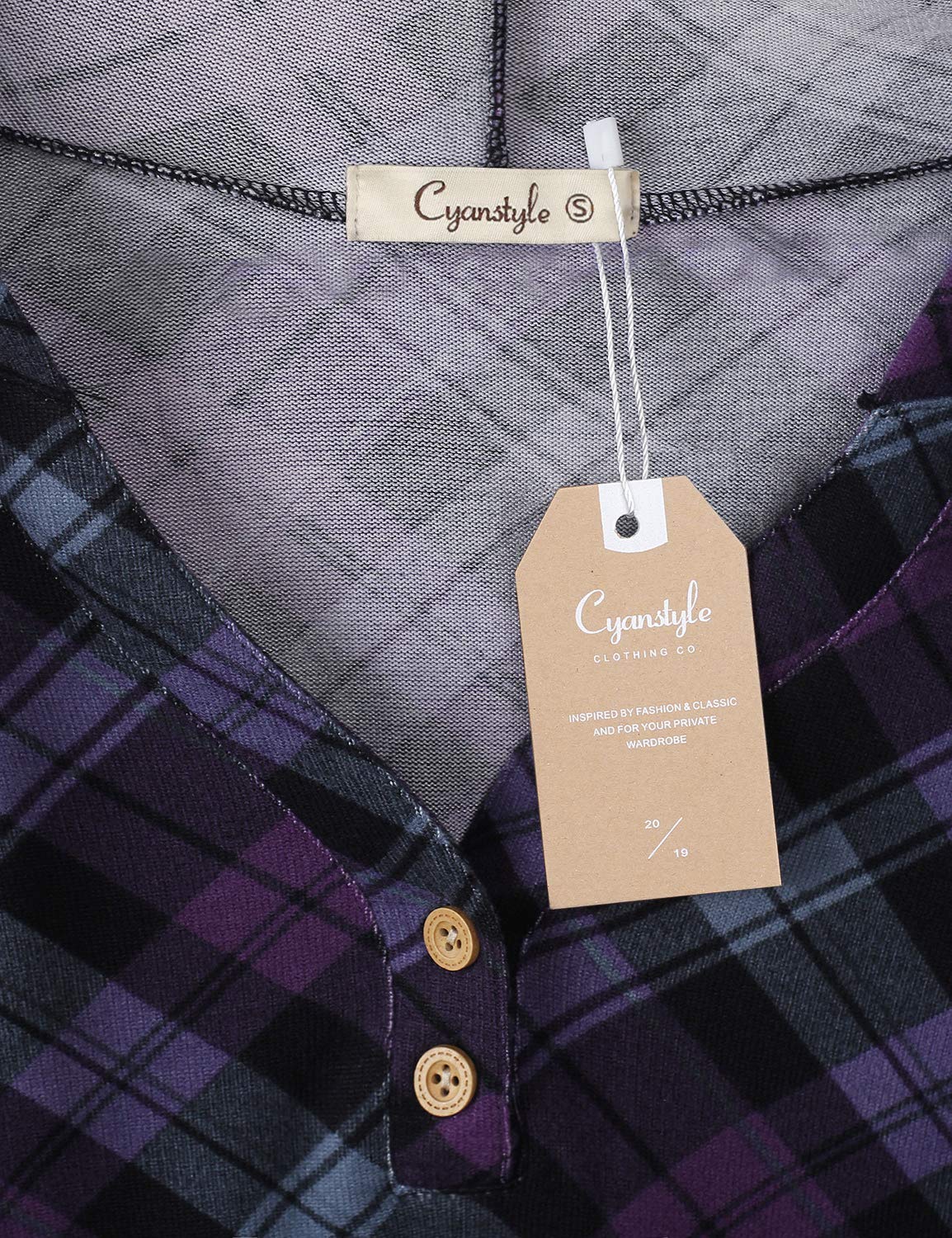 Cyanstyle Women's Long Sleeve Henley V-Neck Button Sweatshirt Tunic Hoodies Casual Pullover with Drawstring Purple Plaid Medium