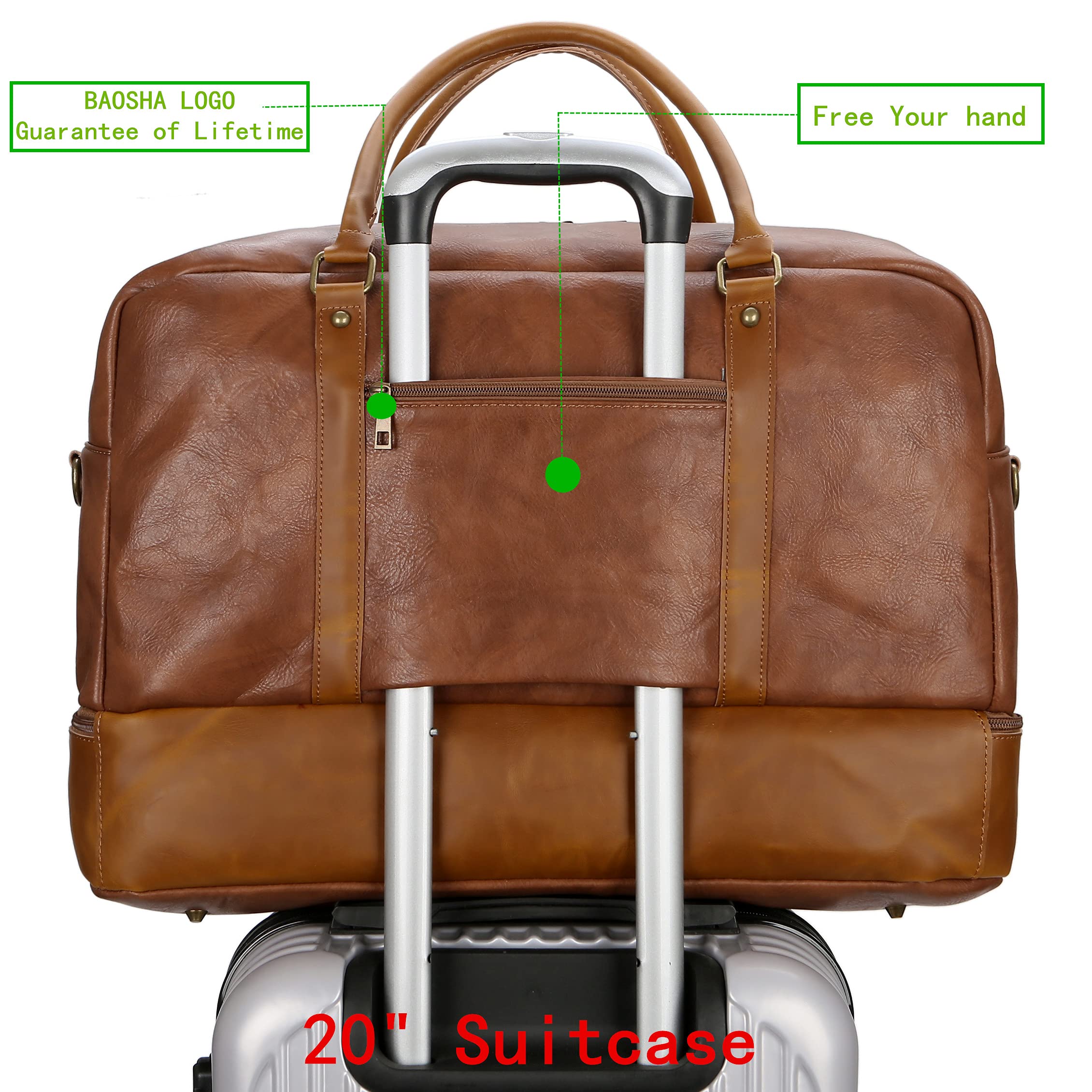 BAOSHA Vegan Leather Large Travel Duffel Tote Bag Carry On Weekender Overnight Bag With Shoe Compartment HB-38 (Brown)