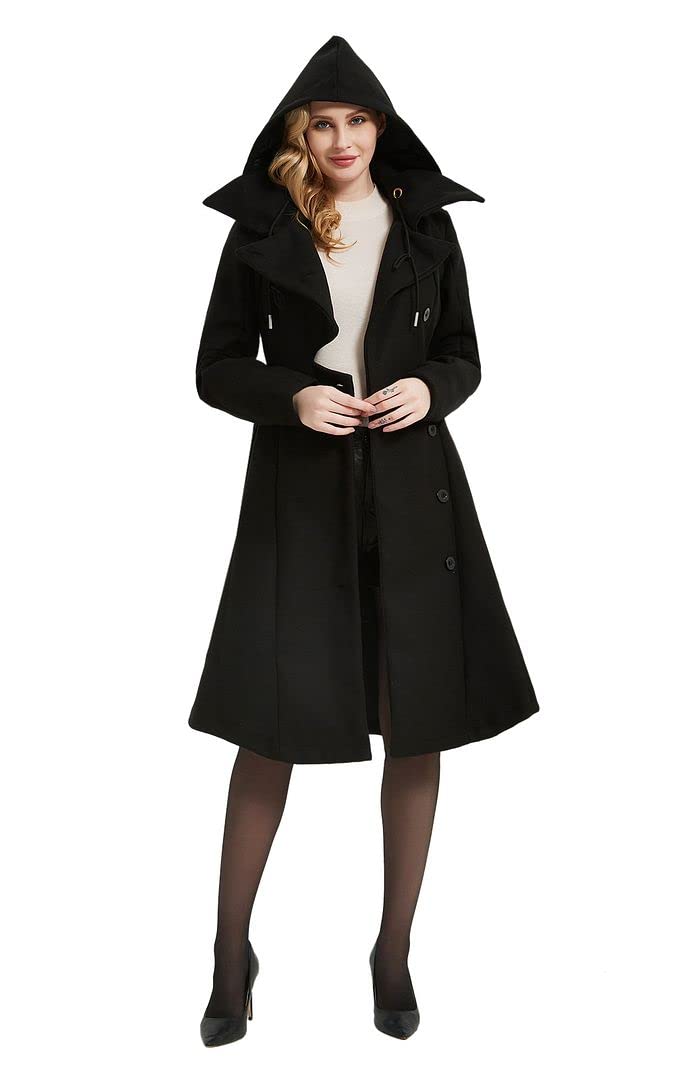 QZUnique Long Trench Pea Coat for Women - Wool Winter Trench Coat Goth Lapel Peacoat Outwear Thick Hood Pea Jacket Trenchcoat