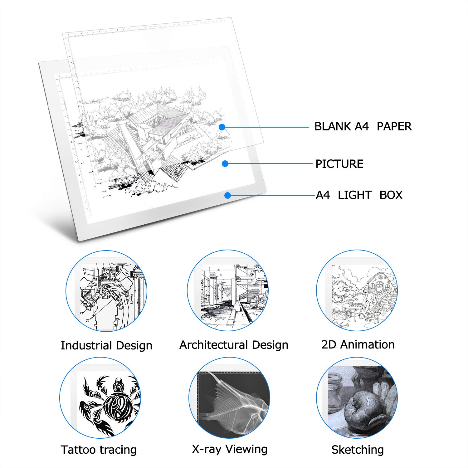 A4 Dimmable Brightness LED Artcraft Light Box Tracer Slim Light Pad Portable Tablet, ME456 USB Power Cable Copy Drawing Board Tracing Table for Artists Designing, Animation, Sketching (White)