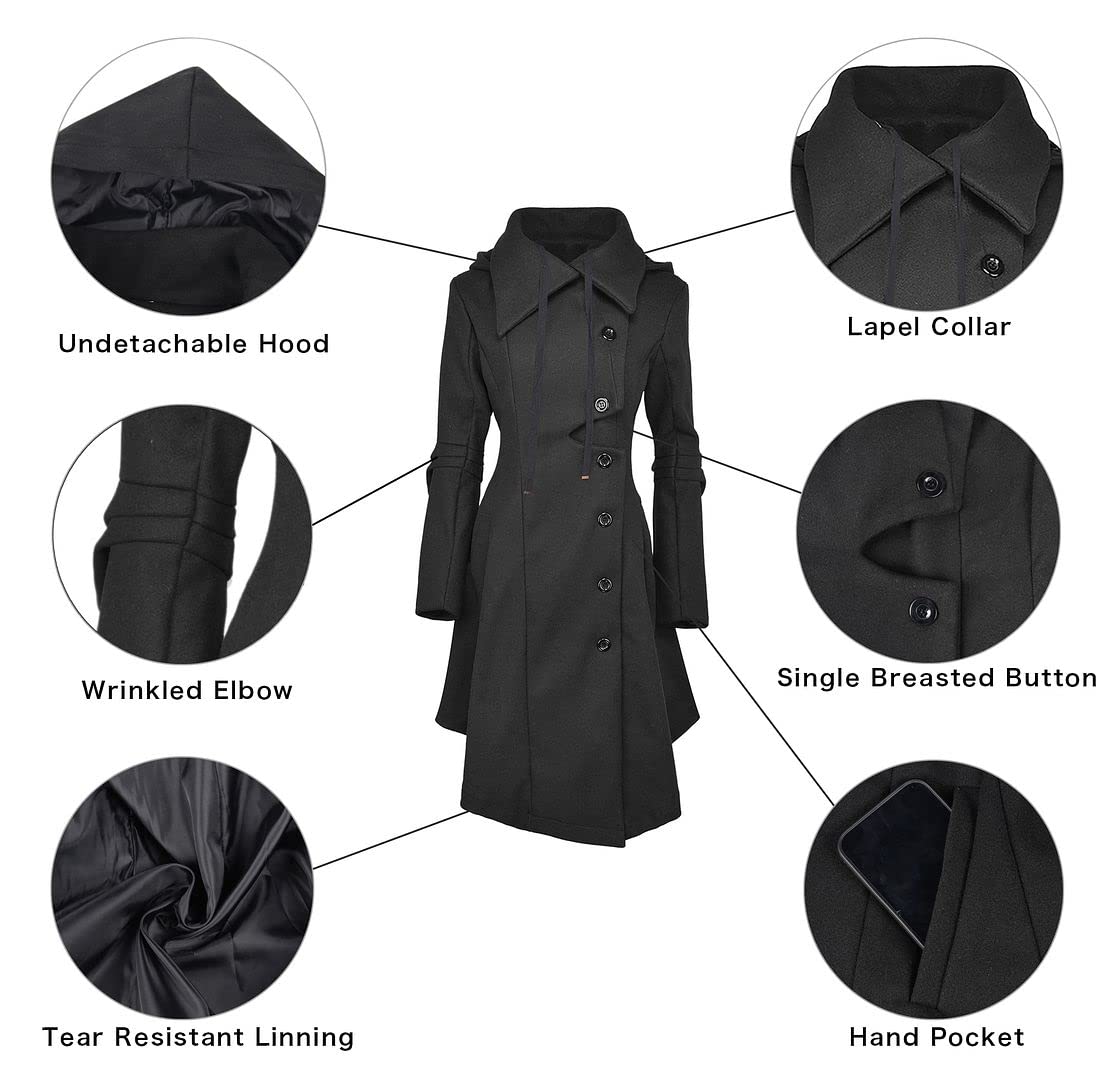 QZUnique Long Trench Pea Coat for Women - Wool Winter Trench Coat Goth Lapel Peacoat Outwear Thick Hood Pea Jacket Trenchcoat