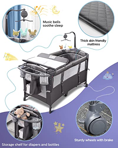 ADOVEL Baby Bassinet Bedside Crib, Pack and Play with Mattress, Diaper Changer and Playards from Newborn to Toddles