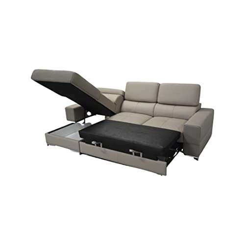 DOLMAR BAZALT Beige Modern Full Grain Leather Sectional, Full Size Sleeper Sofa with Storage, Left Corner Made in Europe