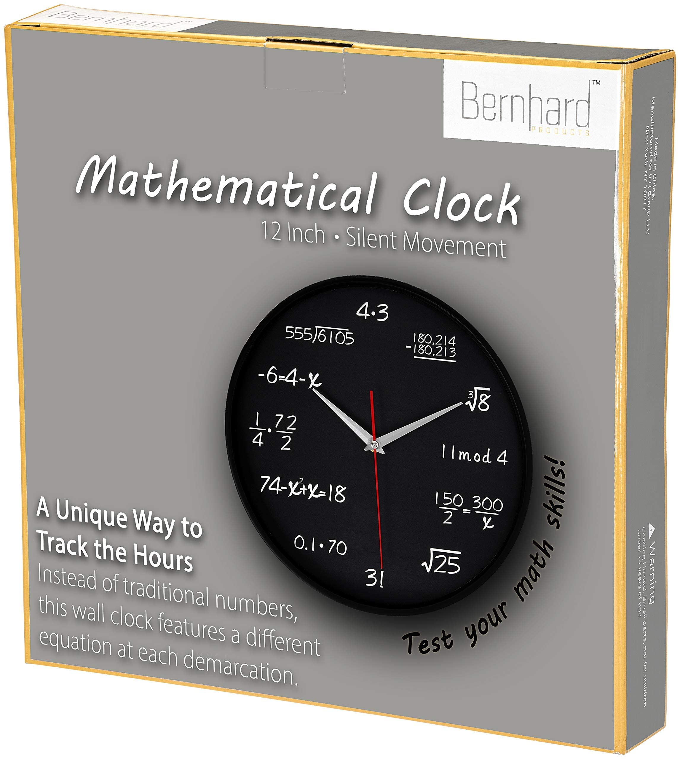 Bernhard Products Math Wall Clock Black 12 Inch Silent Non-Ticking Unique Gift for Teacher/Student/Engineer Graduate Quartz Round Battery Operated, Home Office School Classroom, Mathematical Equations